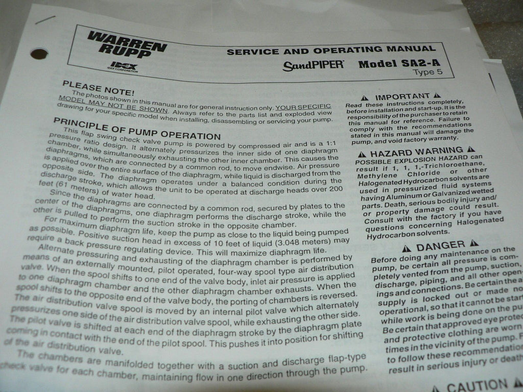 SANDPIPER WARREN RUPP DIAPHRAGM PUMP MODEL SA2-A TYPE 5 — G-Cor Automotive