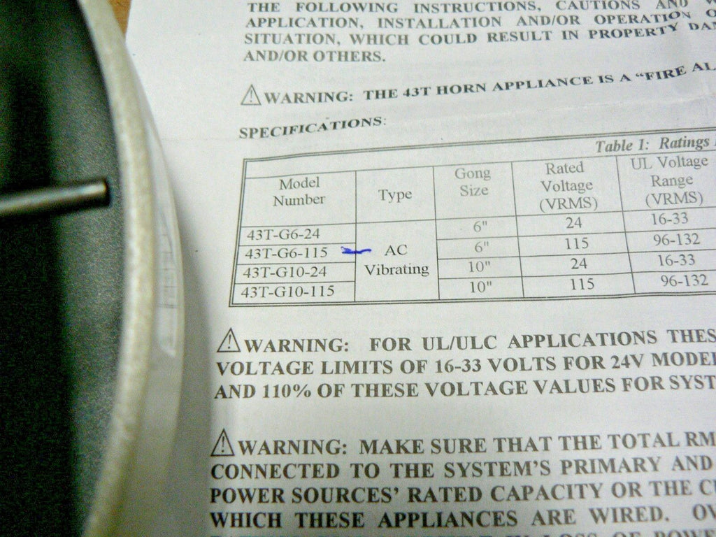 Cooper Wheelock 43T-G10-115 Series 43T AC Vibrating Fire Bells — G-Cor ...